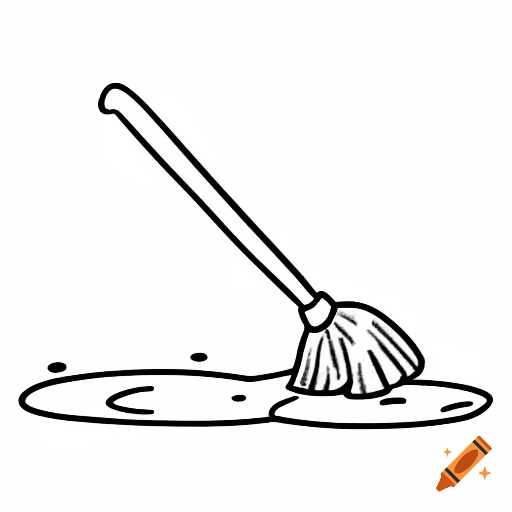 Mop standing in a puddle, designed for coloring book on Craiyon