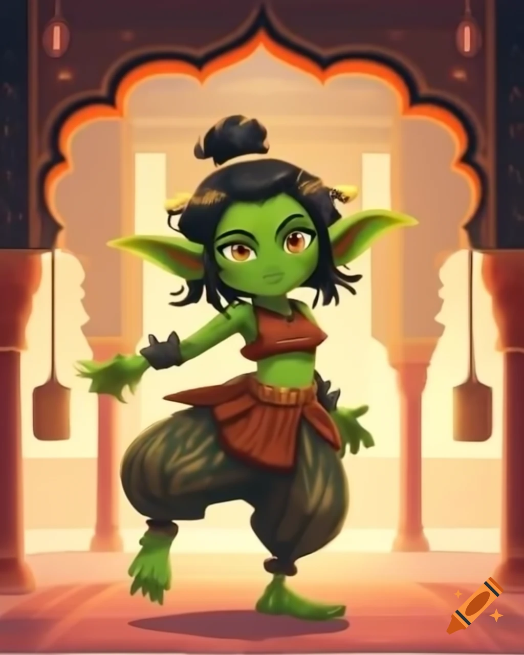 Green-skinned goblin girl in harem pants dancing in a palace on Craiyon