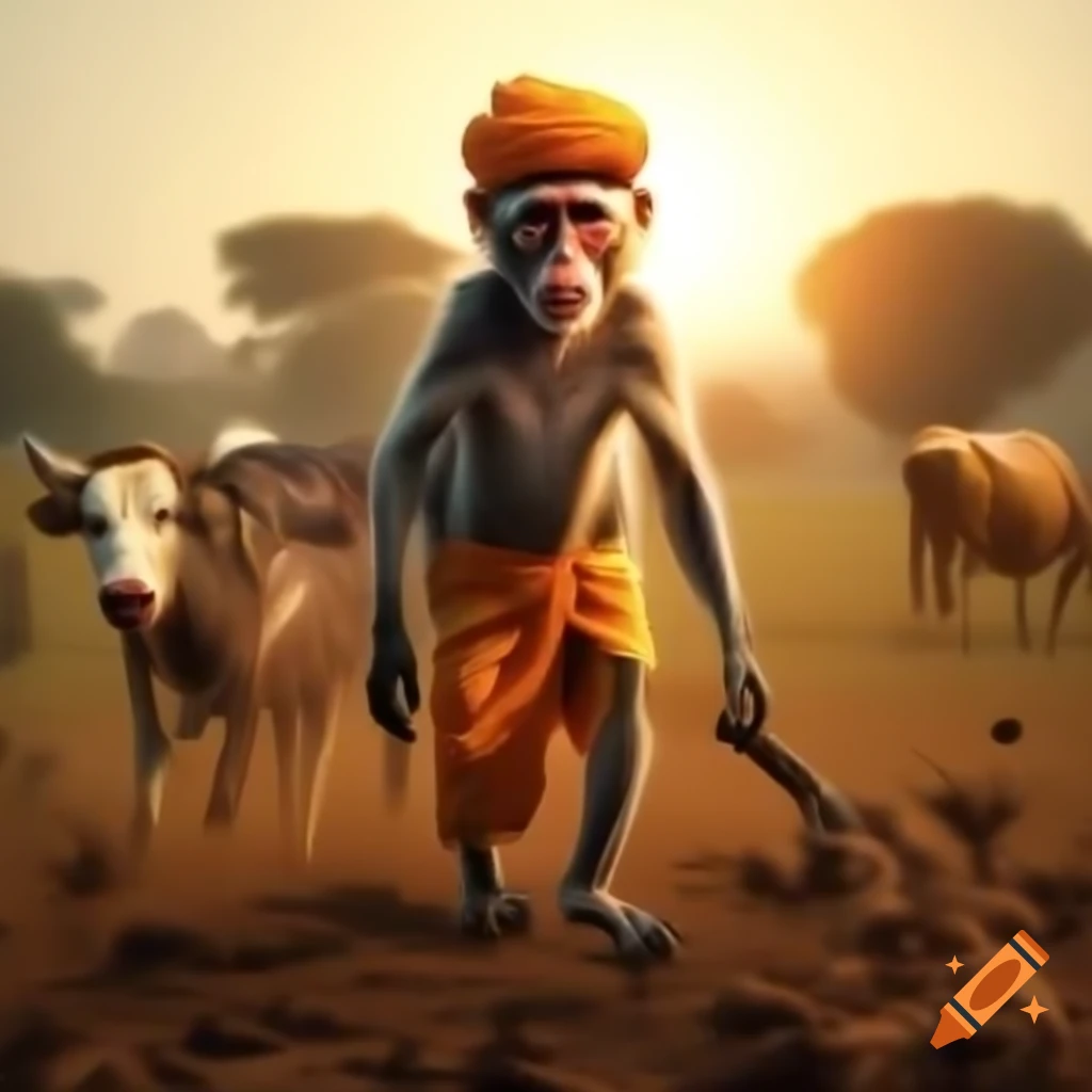 Hardworking monkey in turban plowing field with cow at sunrise on Craiyon