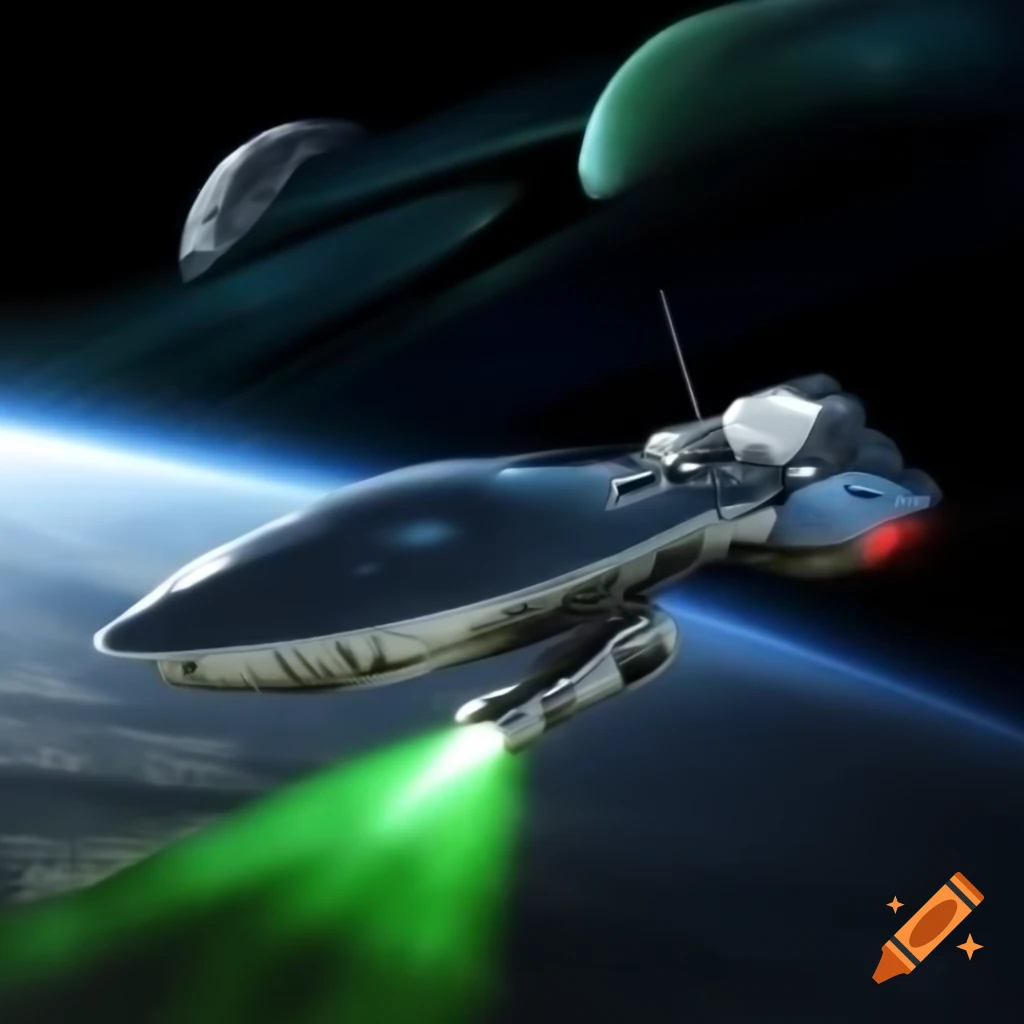 Futuristic teardrop-shaped spaceship with sleek silver surface and blue ...