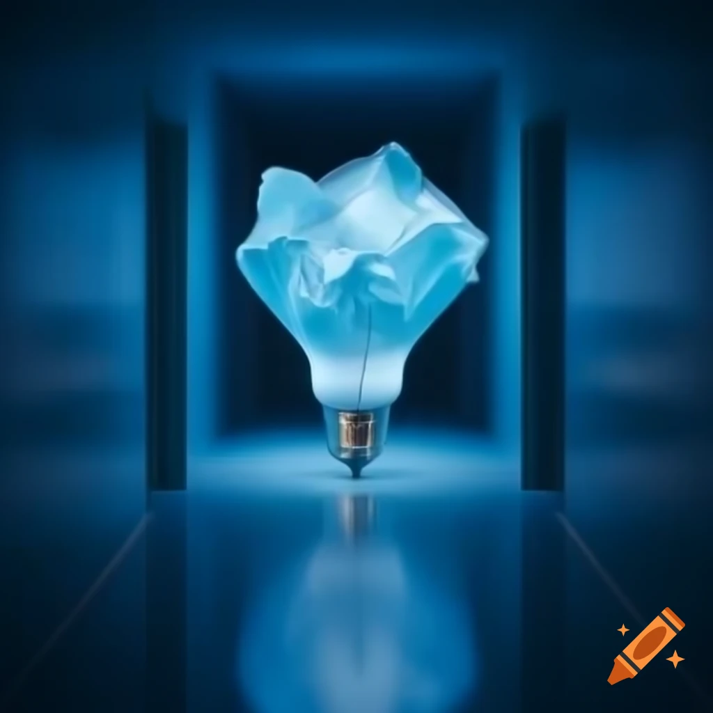 Light bulb filled with icebergs glowing blue in dark corridor on Craiyon