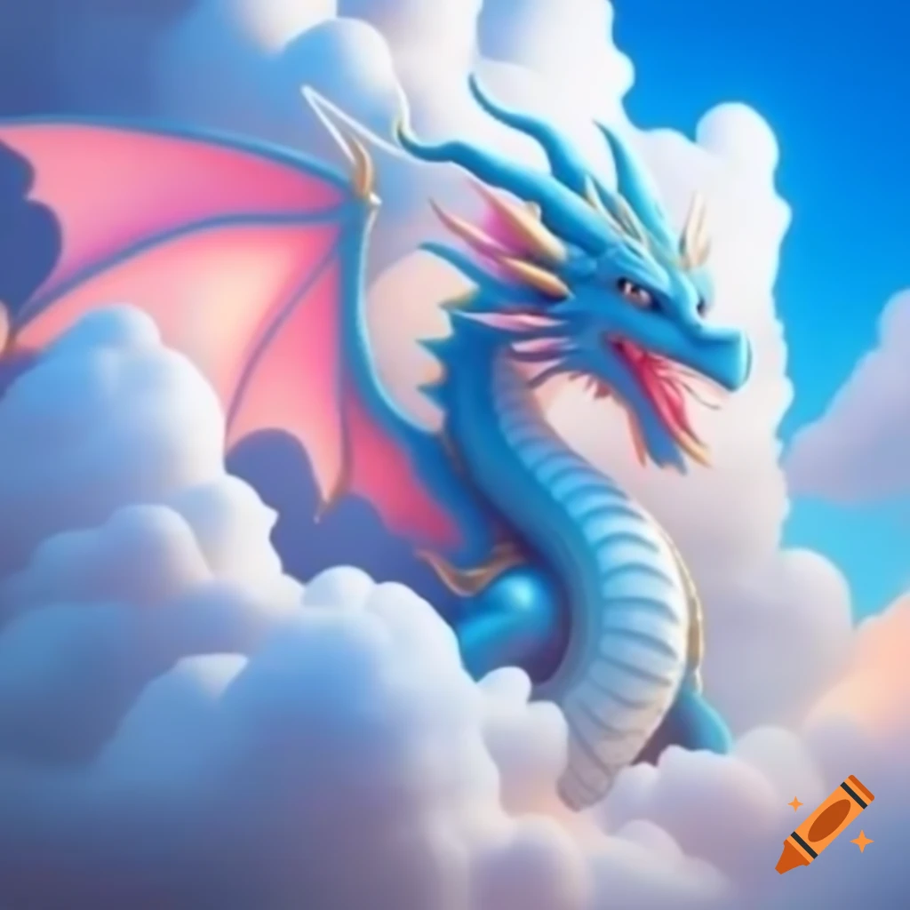 Magnificent dragon fused with clouds in pastel colored magical sky on ...