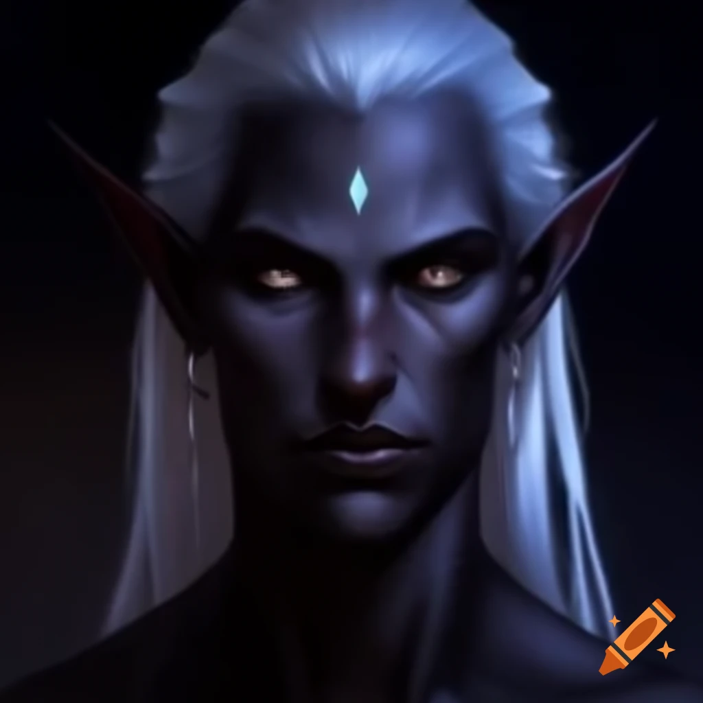 Male Drow elf with dark skin, white eyes, and silver hair featuring a ...