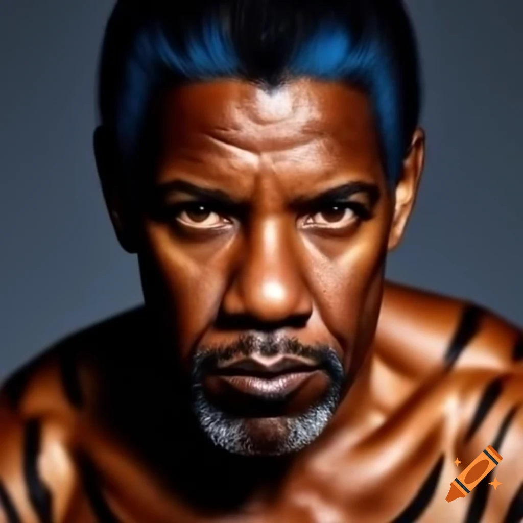 Denzel Washington with tiger-style makeup featuring blue hair and black ...