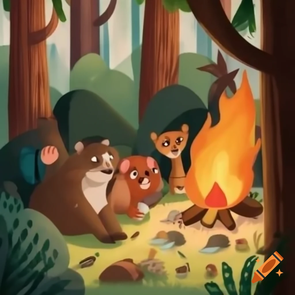 Animals enjoying a campfire in a forest, showcasing happiness on Craiyon
