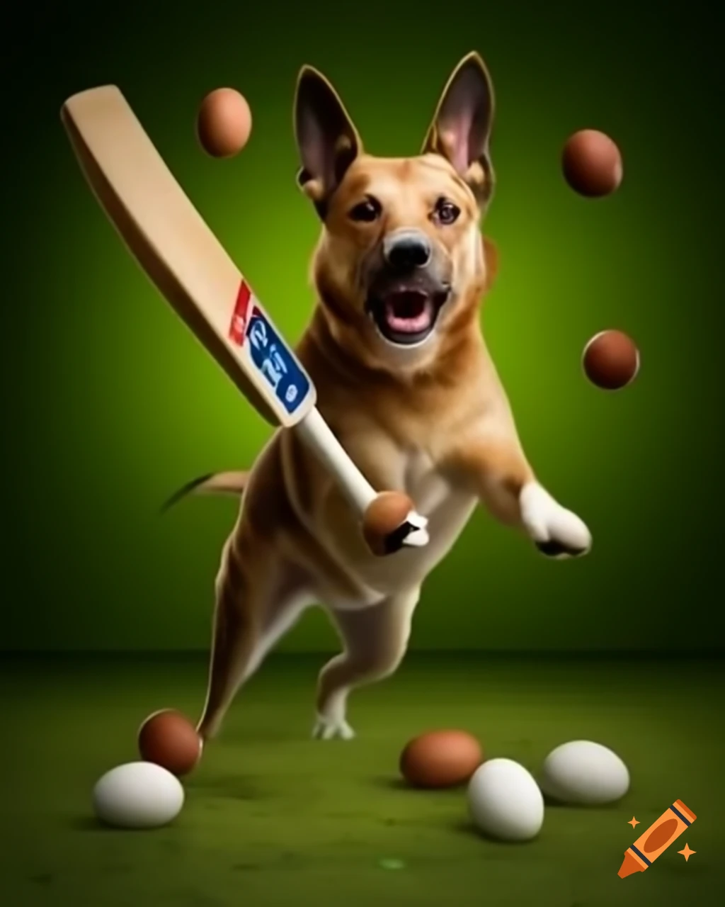 Funny scene of human-dog hybrid playing cricket, smashing ball into hen ...