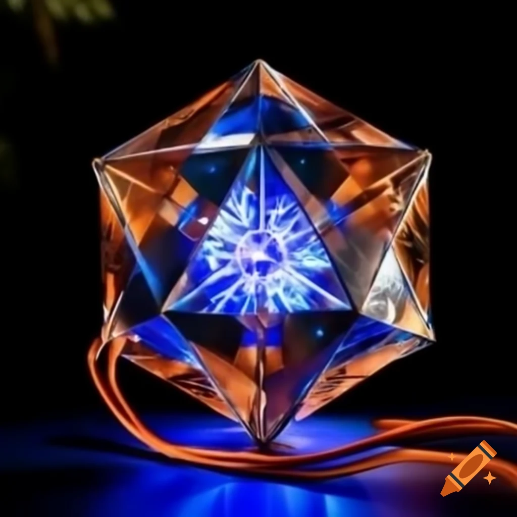 Glass octahedron with copper wiring emitting magical blue light on Craiyon