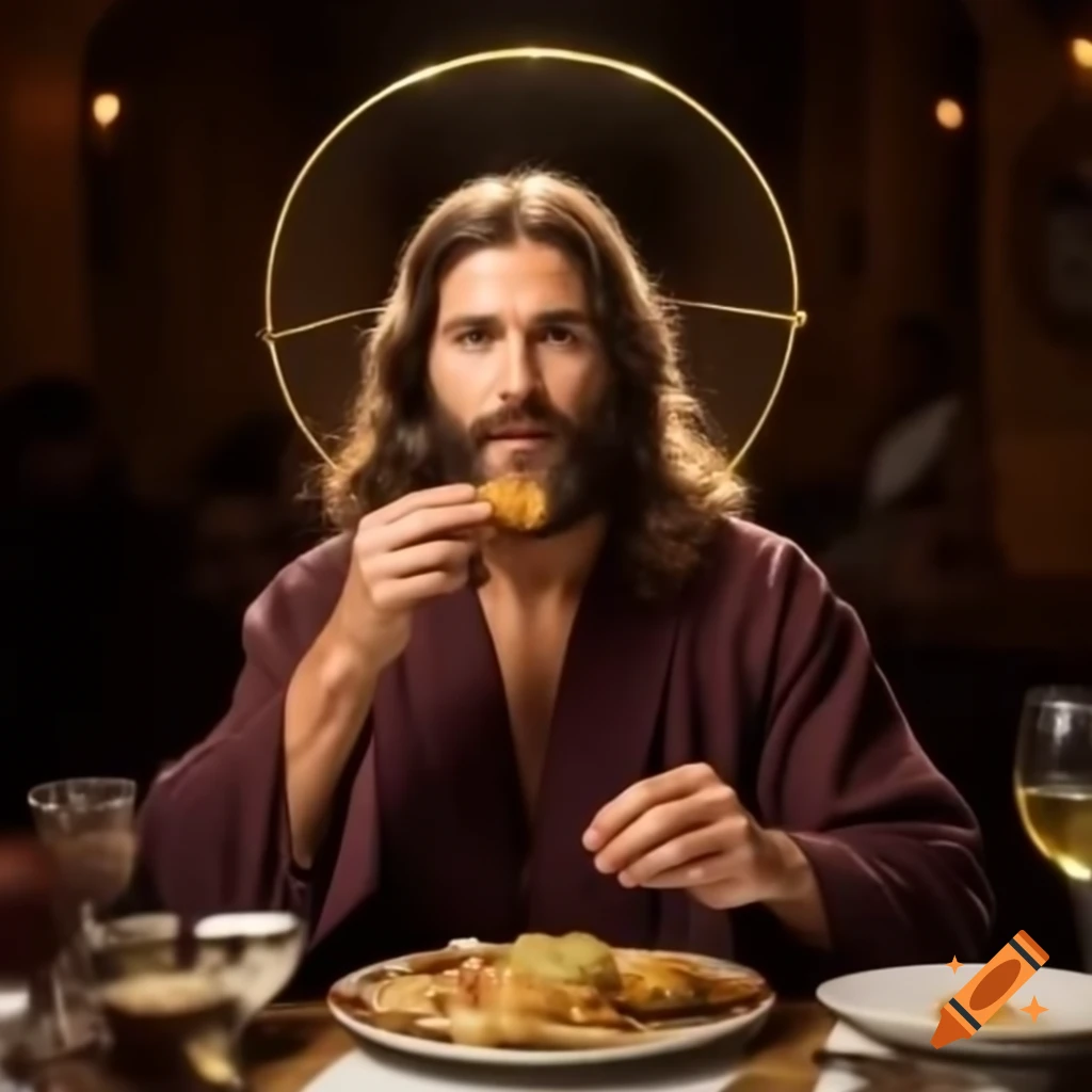 Photorealistic depiction of a man with long hair and beard eating in ...
