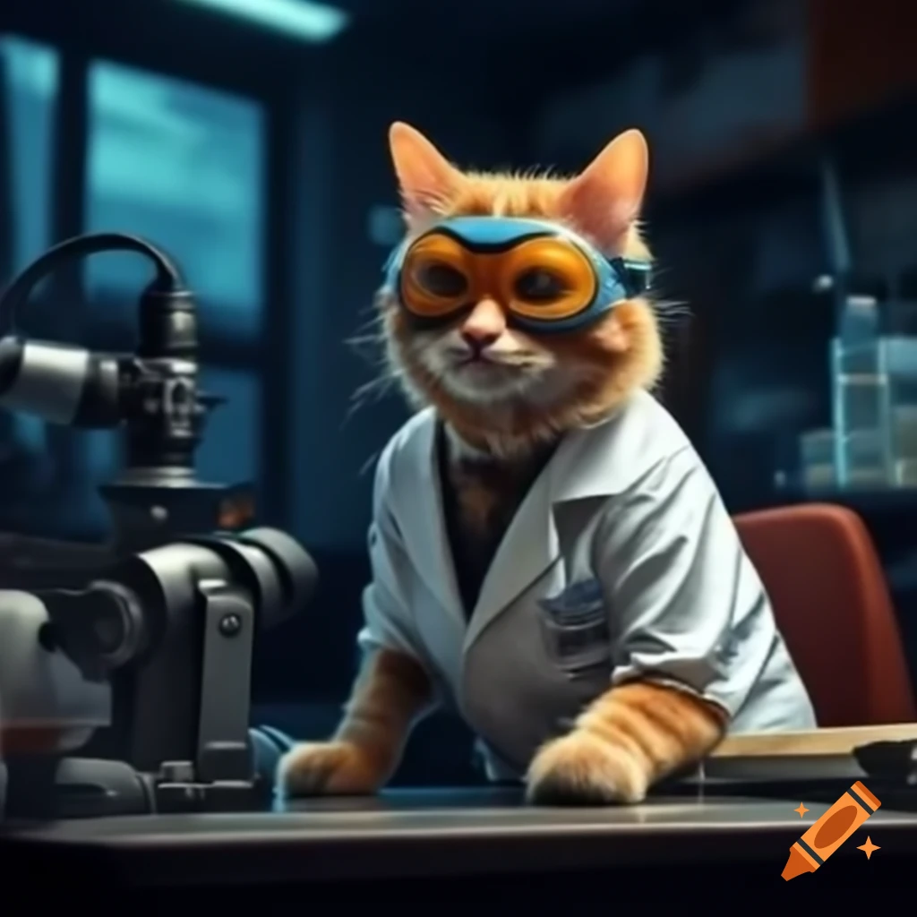 Orange cat in lab coat and safety goggles watching lasers in laboratory ...