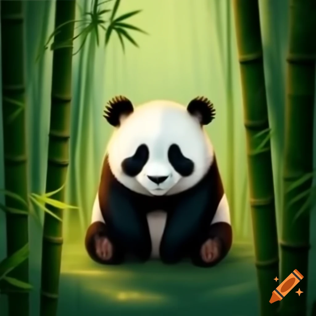 Chubby panda sitting in bamboo forest, soft light creating peaceful mood on Craiyon