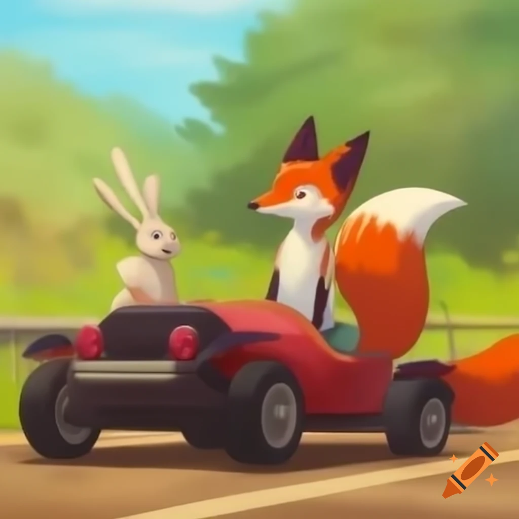 Fox driving car with bunny in Studio Ghibli style on Craiyon