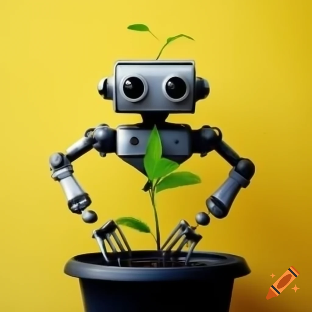 Mechanical robot interacting with plant in black pot against yellow ...
