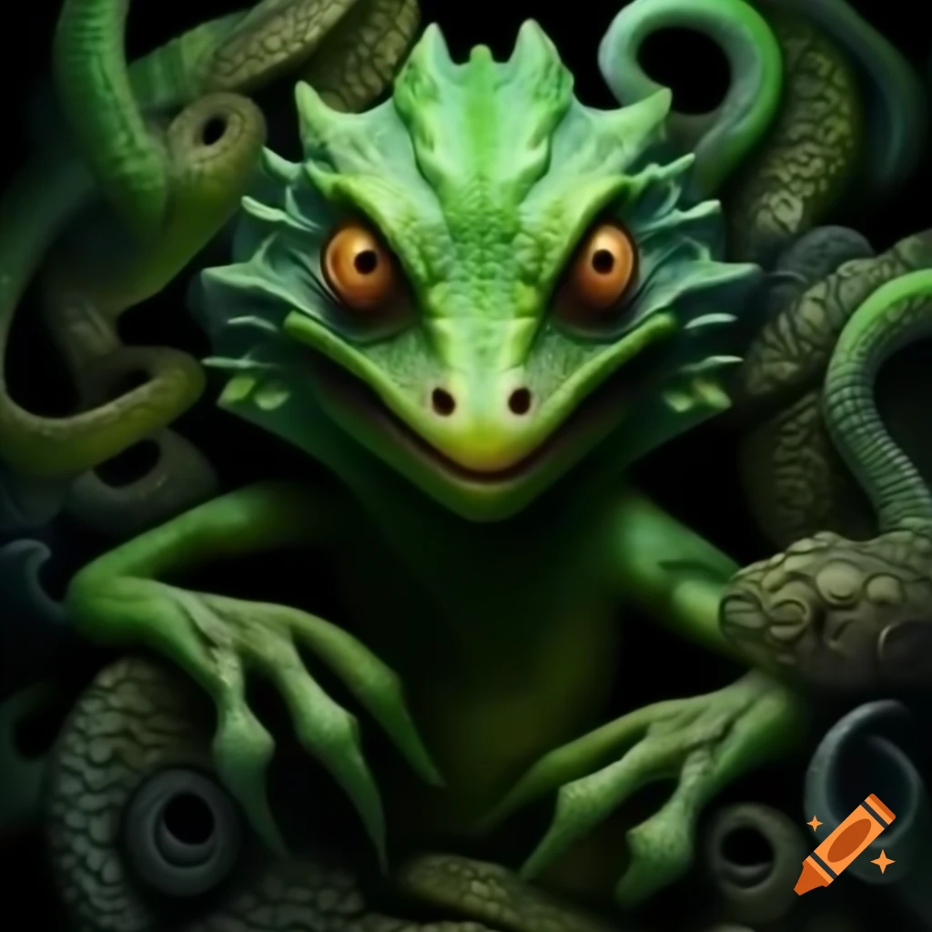 Gecko designed as Lovecraftian horror with vibrant green scales and ...