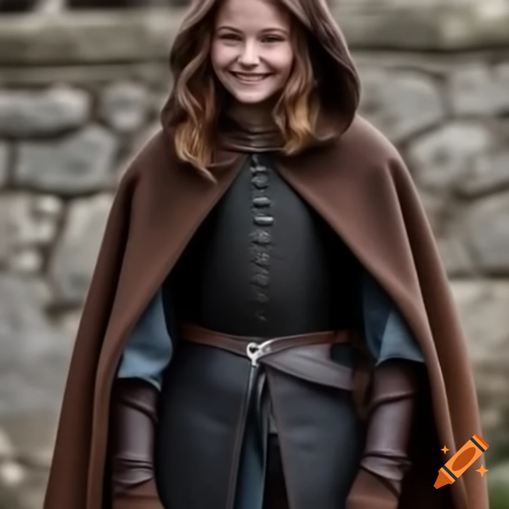 Happy young woman in medieval armor and hooded cloak on Craiyon