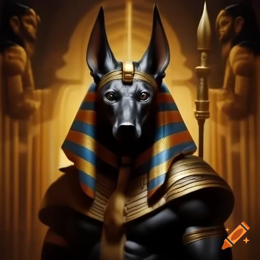 Egyptian deity Anubis depicted as muscular human with black jackal head ...