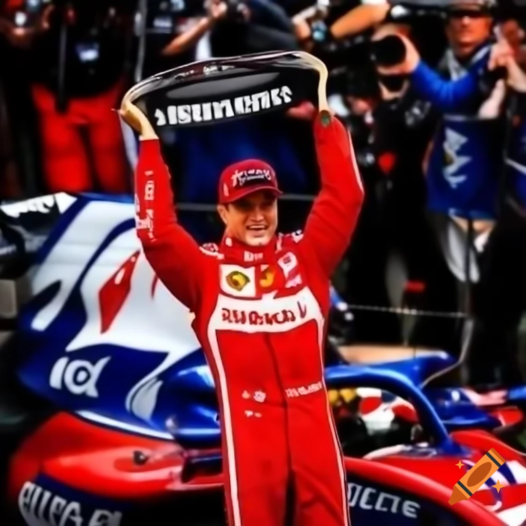 Kimi Räikkönen celebrating on top of F1 car with text 'bwoah' on Craiyon