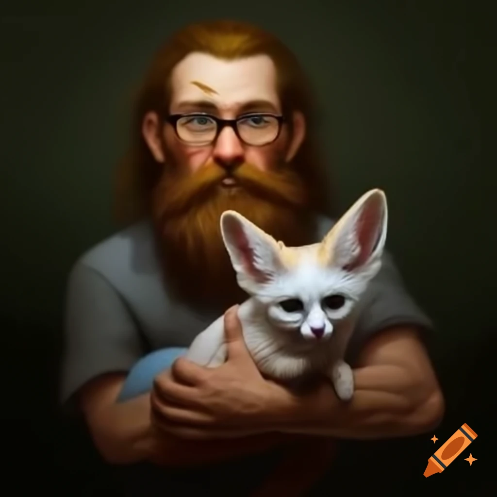 Male with beard and glasses holding small blue fennec fox on Craiyon