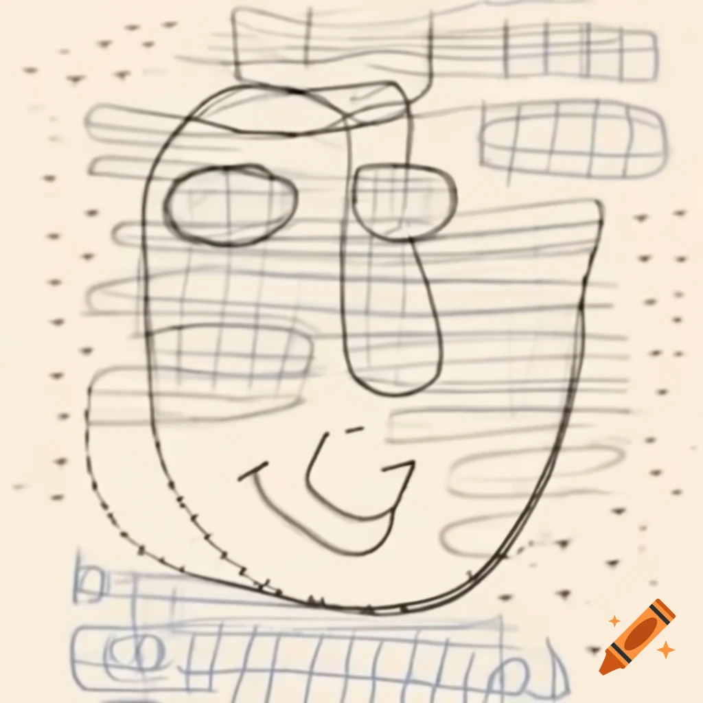 Abstract line drawing of a smiling face with charcoal and watercolor ...