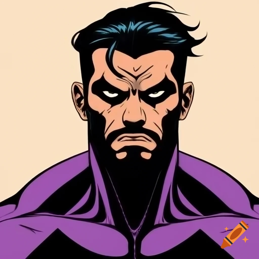 Strong superhero in purple and black suit with defined muscles and ...