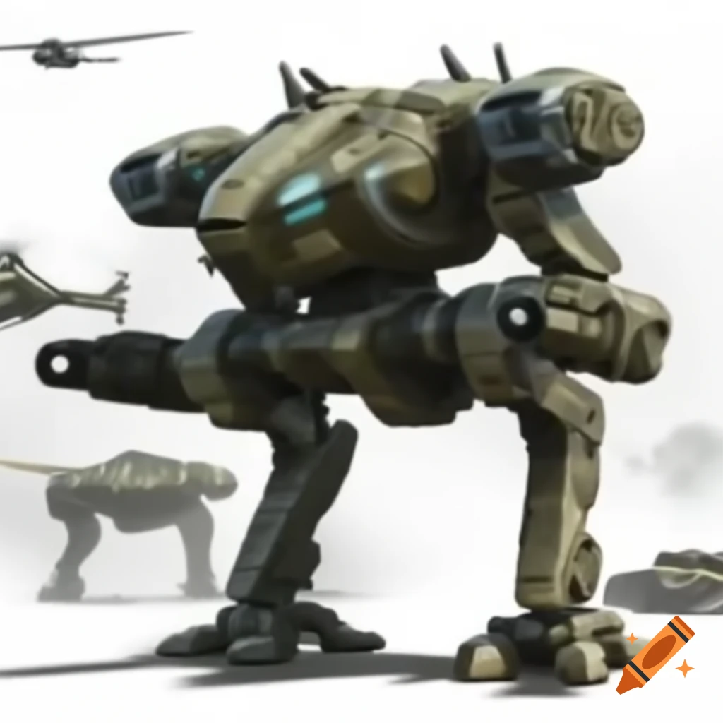 Bulky battle mech with angular design inspired by tanks and helicopters ...