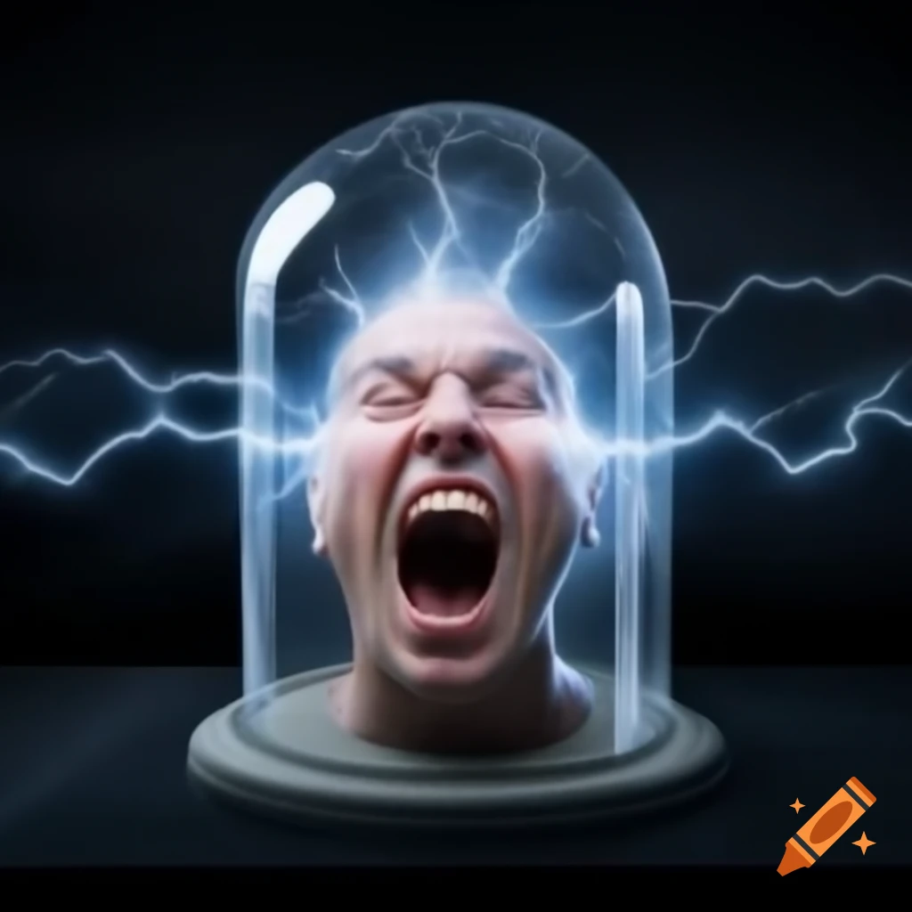 Holographic face with lightning in glass dome, dramatic expression on ...