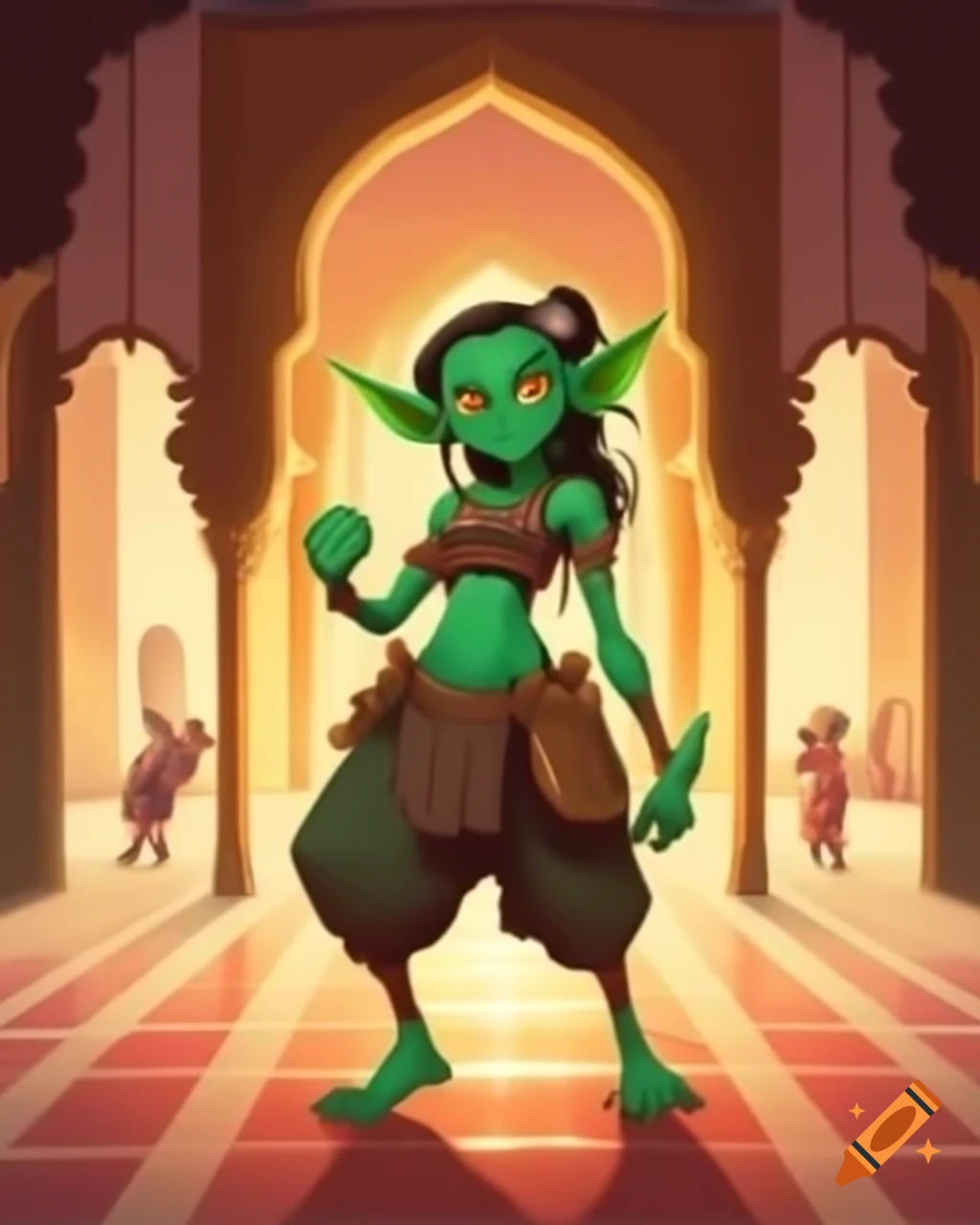 Green-skinned goblin girl in harem pants dancing in a palace on Craiyon