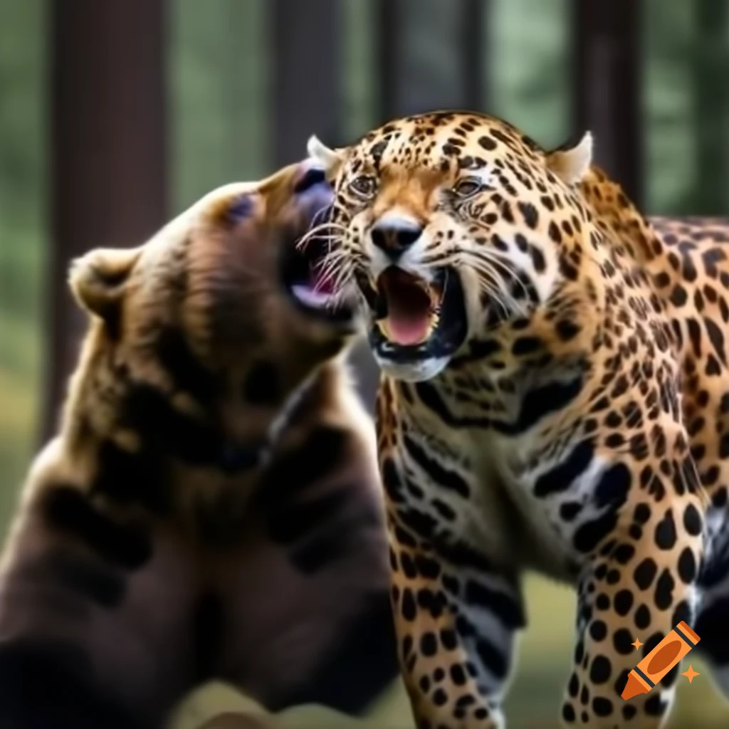 Jaguar snarling at grizzly bear in pine forest on Craiyon
