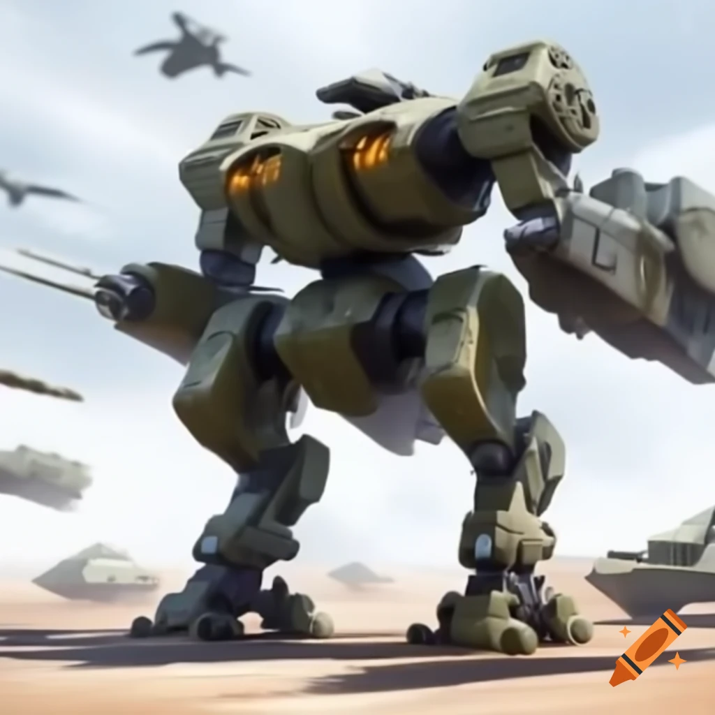 Bulky battle mech with angular design inspired by tanks and helicopters ...