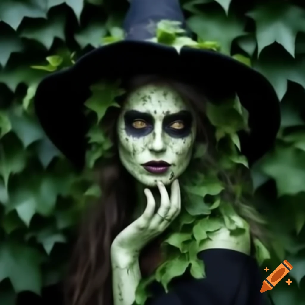 Woman with ivy-covered skin in witch's hat and black dress on Craiyon