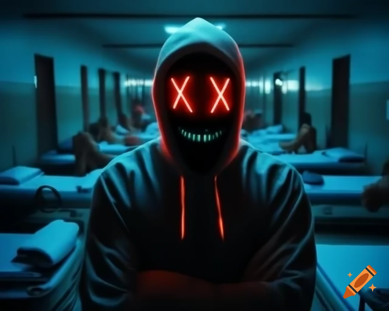 Neon masked man in psych ward with chaotic background of inmates and ...