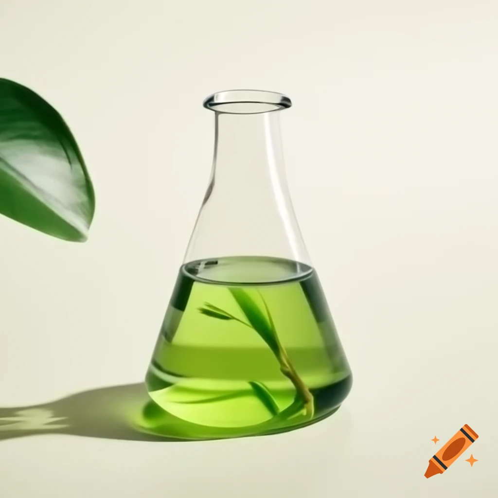 Erlenmeyer flask filled with green liquid and green leaf on Craiyon
