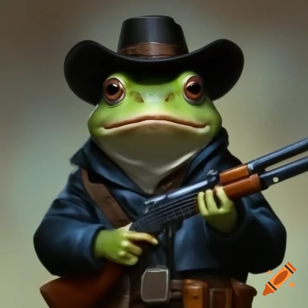 Frog dressed in black jacket and cowboy hat holding a revolver and ...