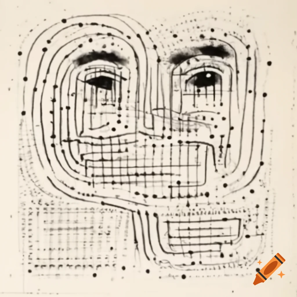 Abstract line drawing of a smiling face with charcoal and watercolor ...