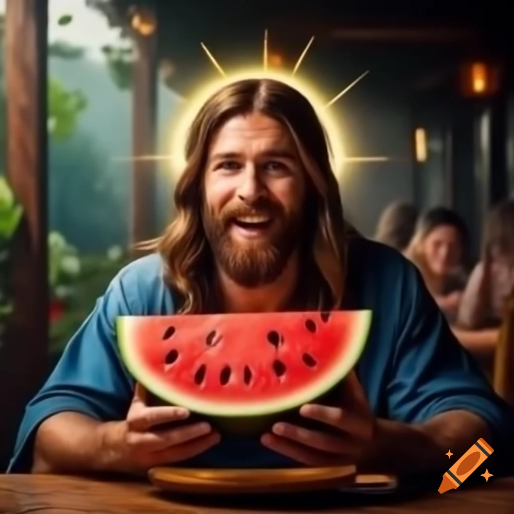Friendly man with long hair and beard eating watermelon in foggy ...