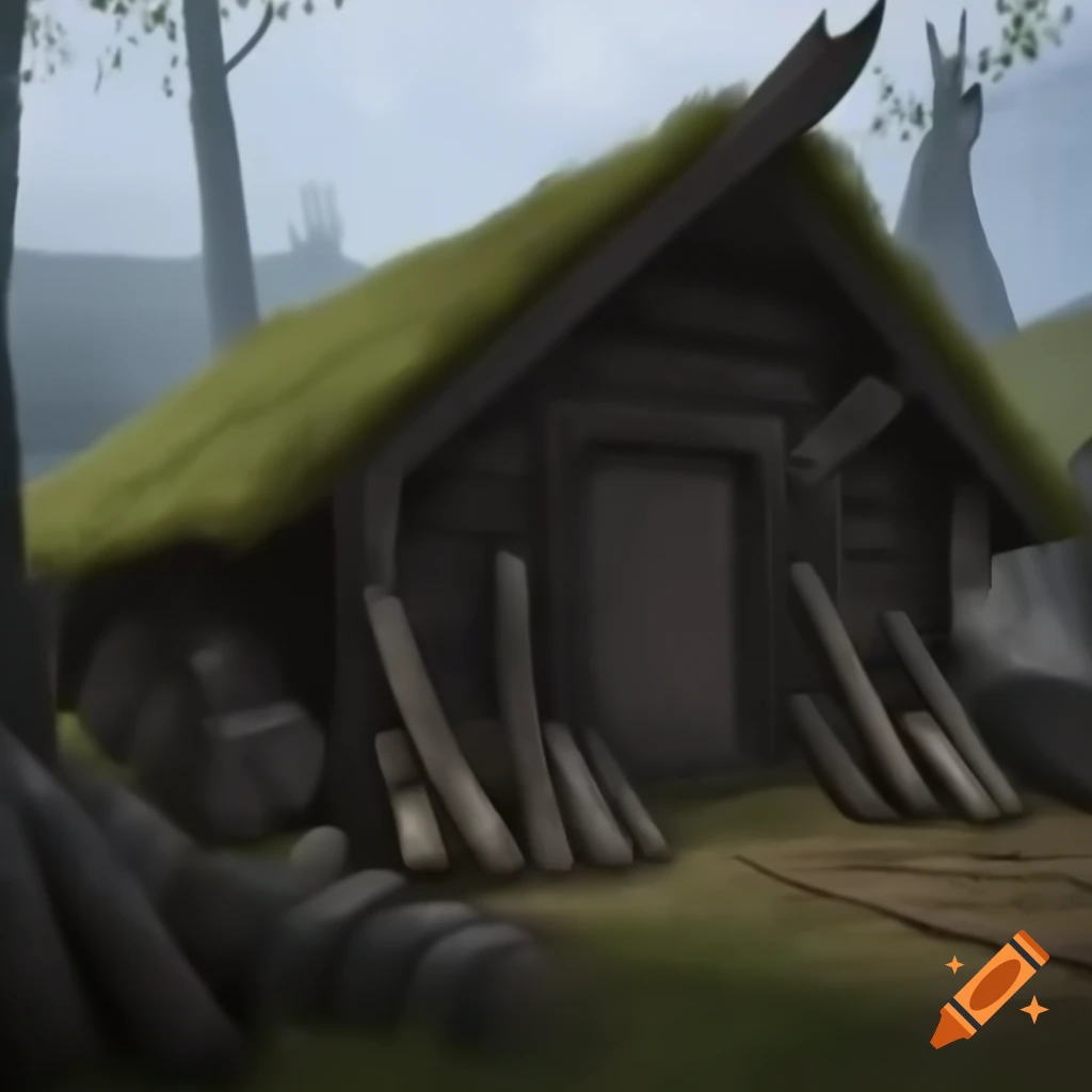 Viking villagers hut with log and timber piles in an RPG setting on Craiyon