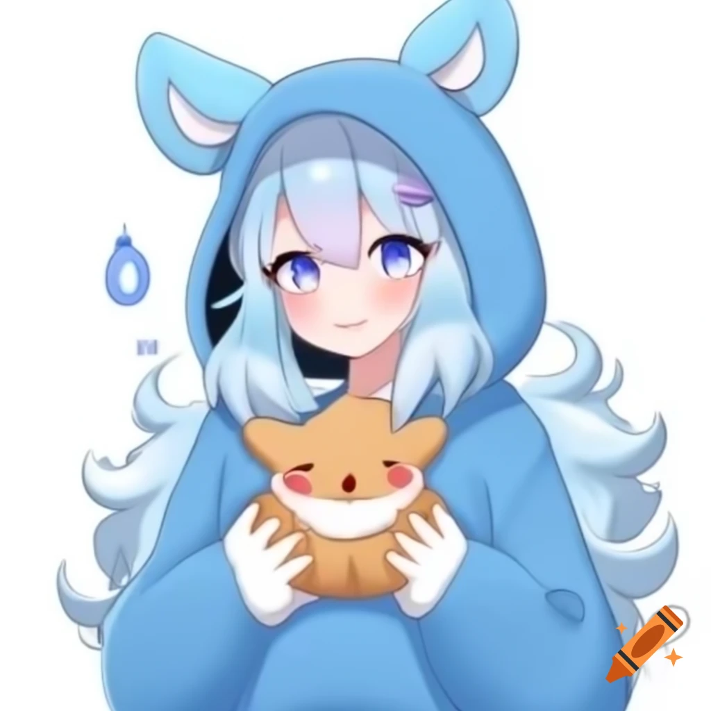 VTuber character Momo-chan wearing hoodie and biting croissant with icy aura on Craiyon