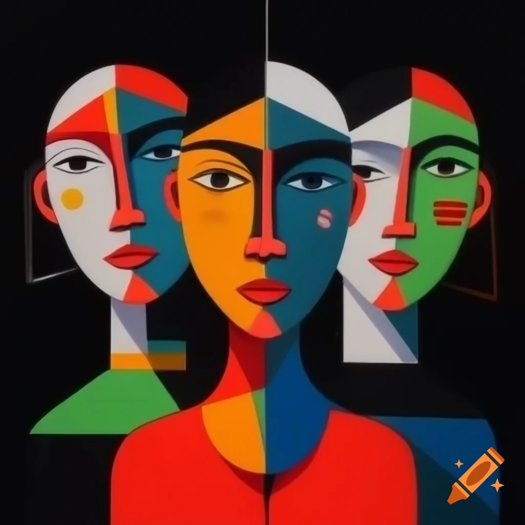 Vibrant abstract painting of three faces with geometric patterns on ...