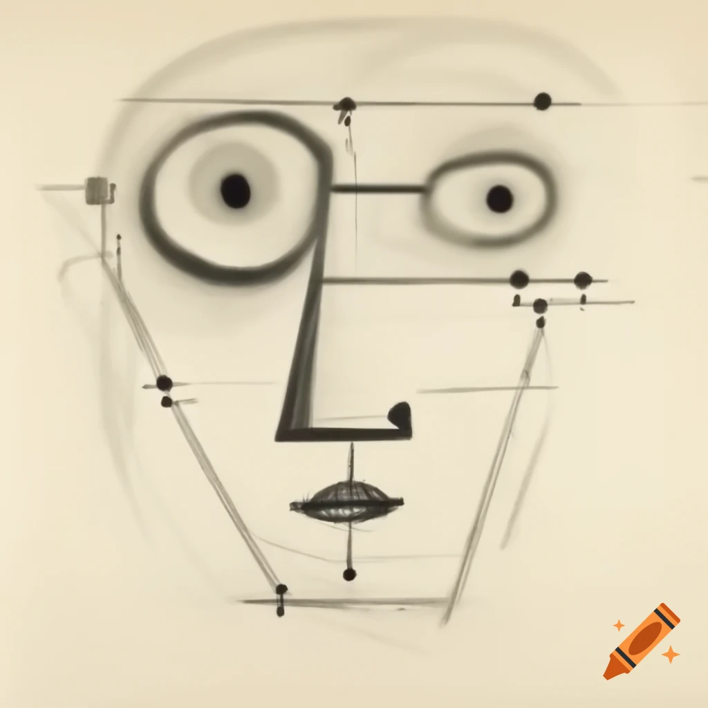 Abstract drawing of triple eyed face with geometric curves and primary ...