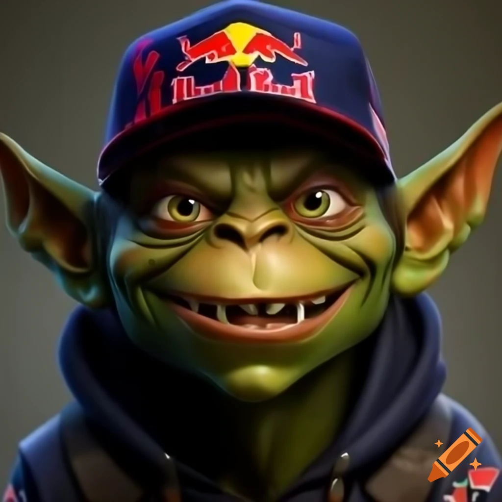 Realistic portrait of mischievous goblin in Red Bull Racing cap ...