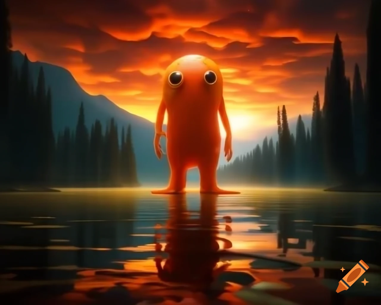 Vibrant dreamlike forest with orange monster on table near mountain ...