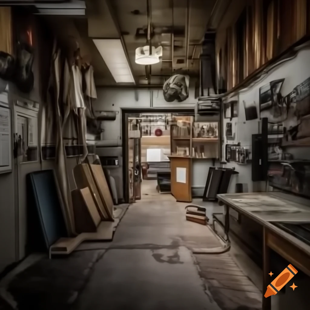 Interior of small hardware store with old carpet flooring and single ...