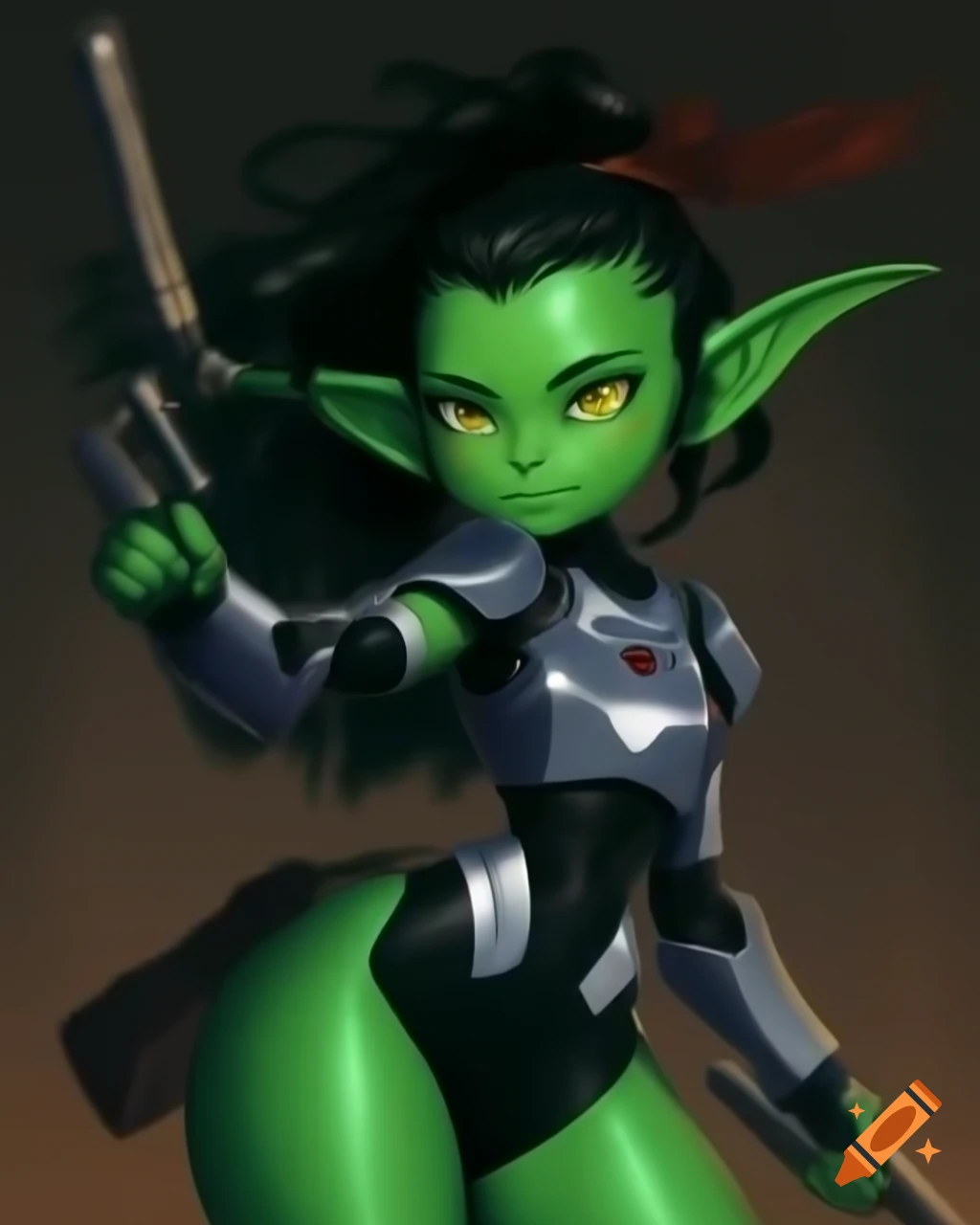 Energetic green-skinned goblin girl cyborg in anime style on Craiyon