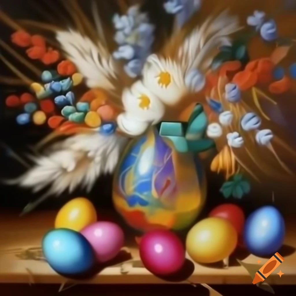 Stunning Easter oil painting featuring hares and colorful painted eggs ...