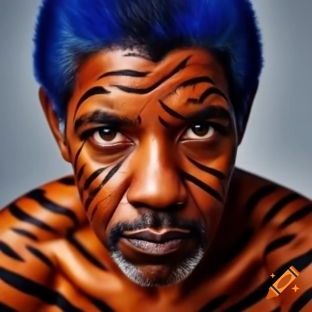 Muscular man with tiger-style makeup featuring blue hair and orange ...
