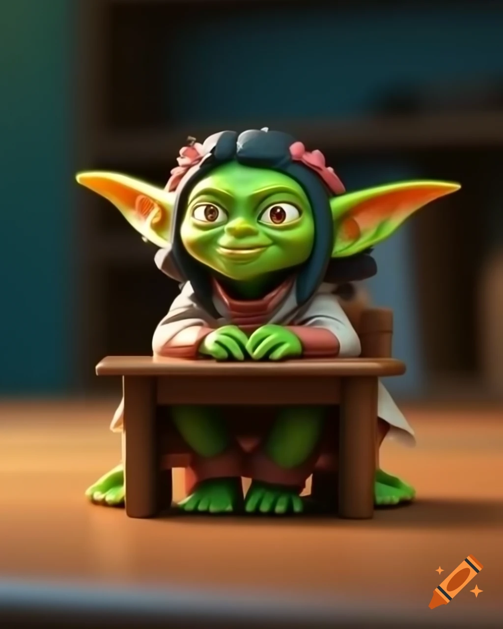 Miniature green-skinned goblin girl sitting on desk in anime style on ...