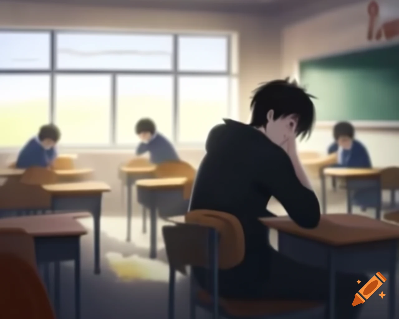 Anime-style illustration of a young man in a classroom, inspired by ...