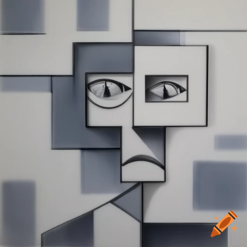 Abstract drawing of a silly face in mixed media with geometric shapes ...