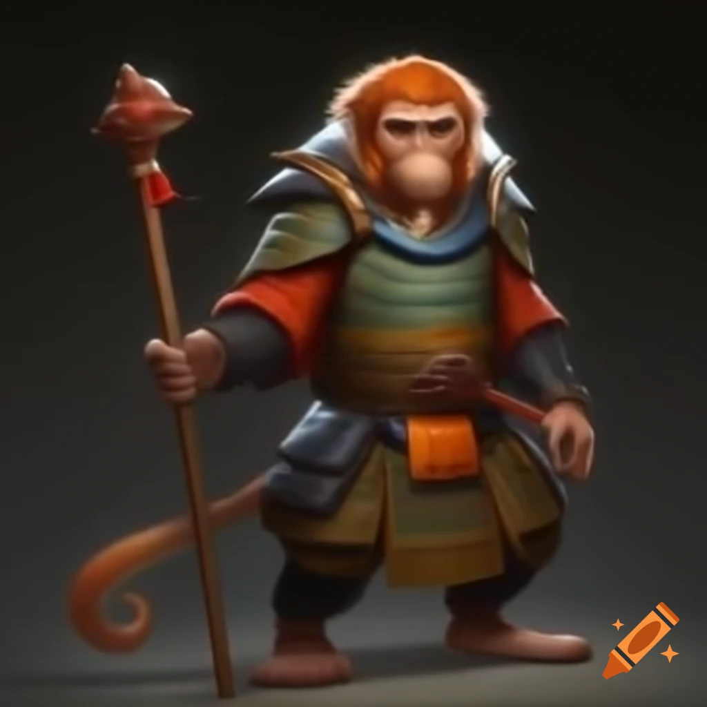 Anthropomorphic monkey in Chinese armor wielding staff with orange fur ...