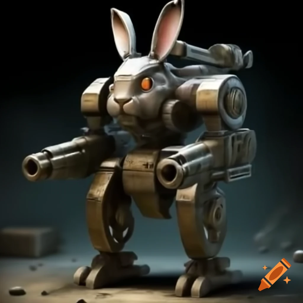 Rabbit-themed war robot equipped with a large gun on Craiyon