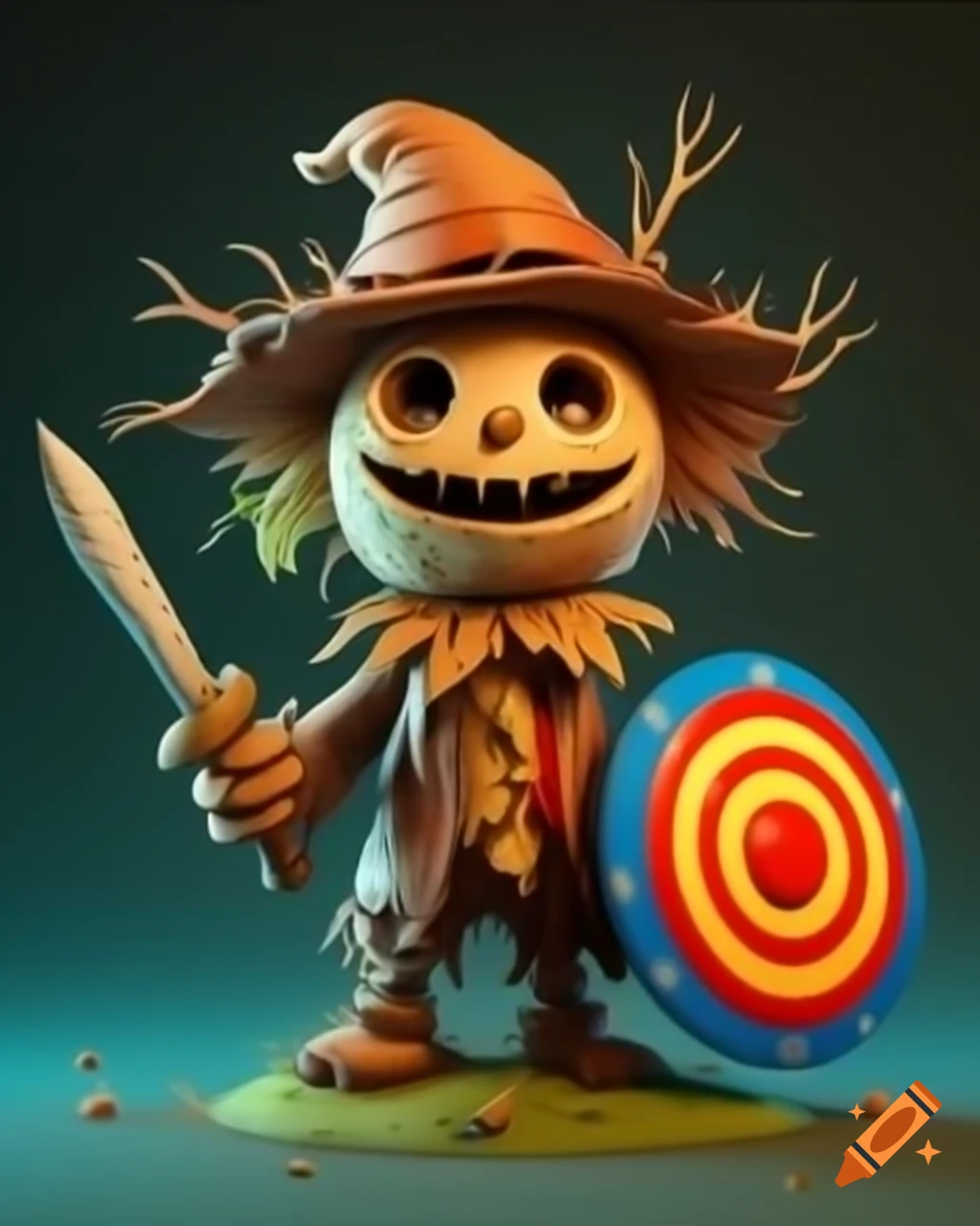 Cartoon-style smiling fighting dummy with scarecrow anatomy, holding ...